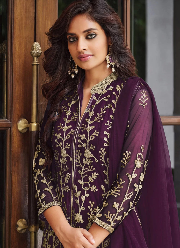 Purple Net Heavy Coding and Sequence Embroidery Pakistani Suit – Gunj ...